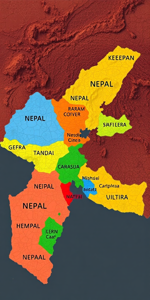 Create a high-resolution map of Nepal with distinct, vibrant colors for ...
