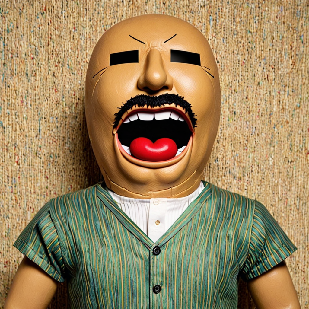 A figure with sewn lips and no eyes with a mocking expression on his face