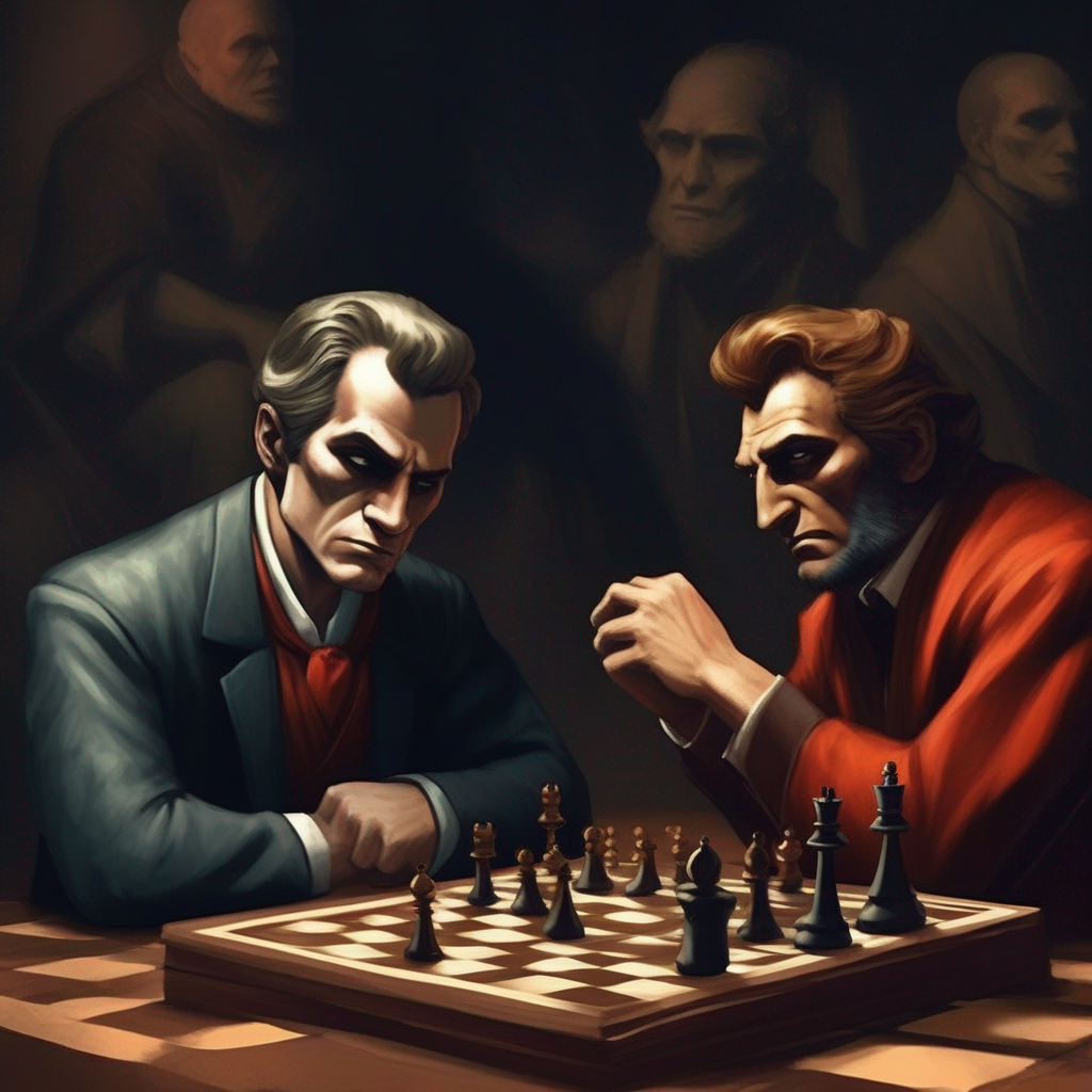 Show me a picture of the man and the devil playing chess, and the man ...