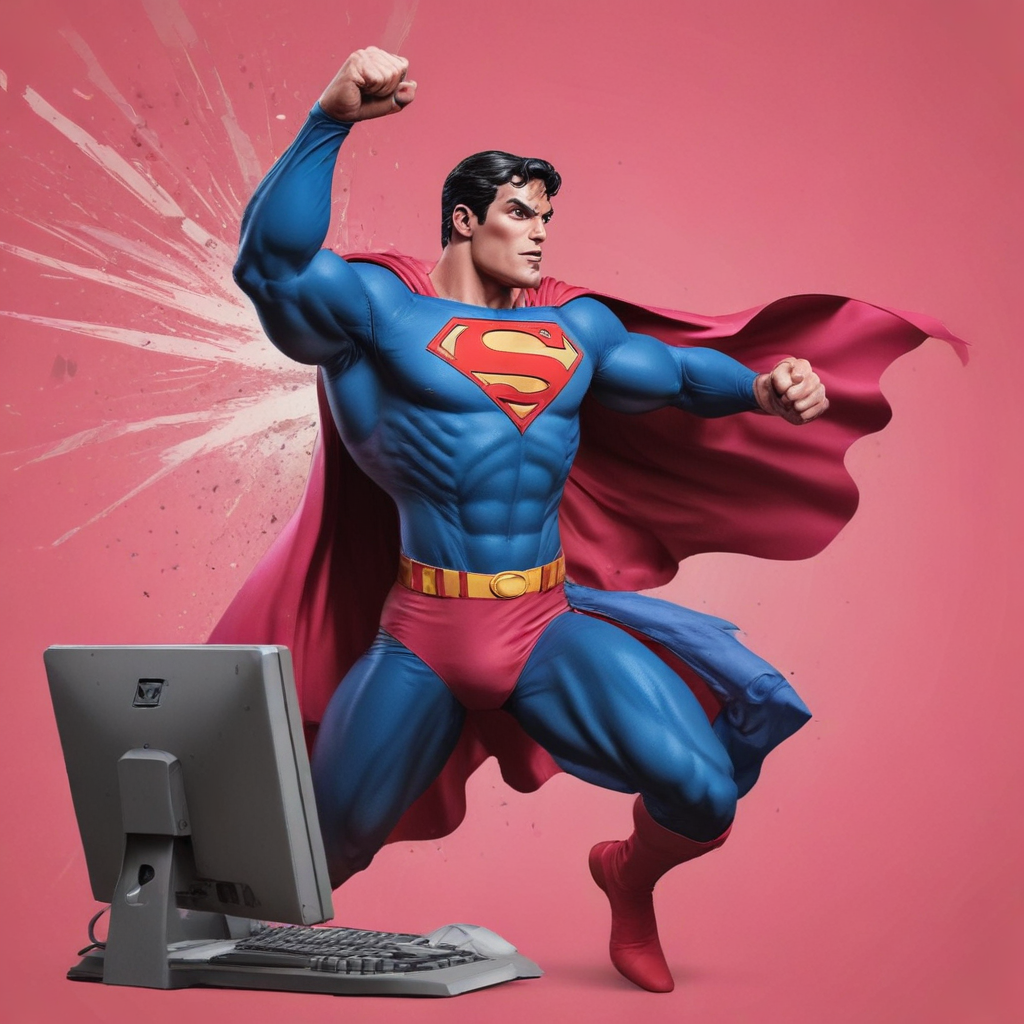 A superhero computer engineer holding his PC, and he's punching through ...