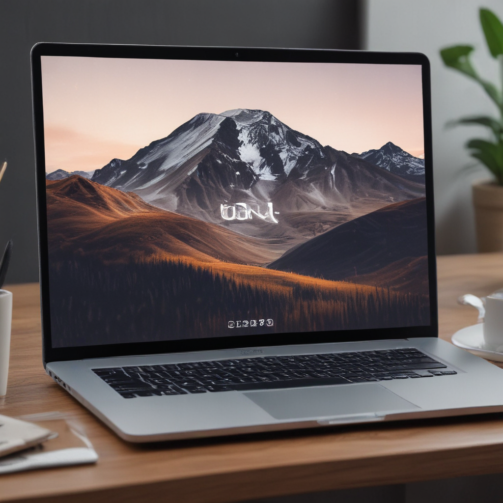 Stunning Mountain Landscape Displayed on a Sleek Laptop in Office Setting