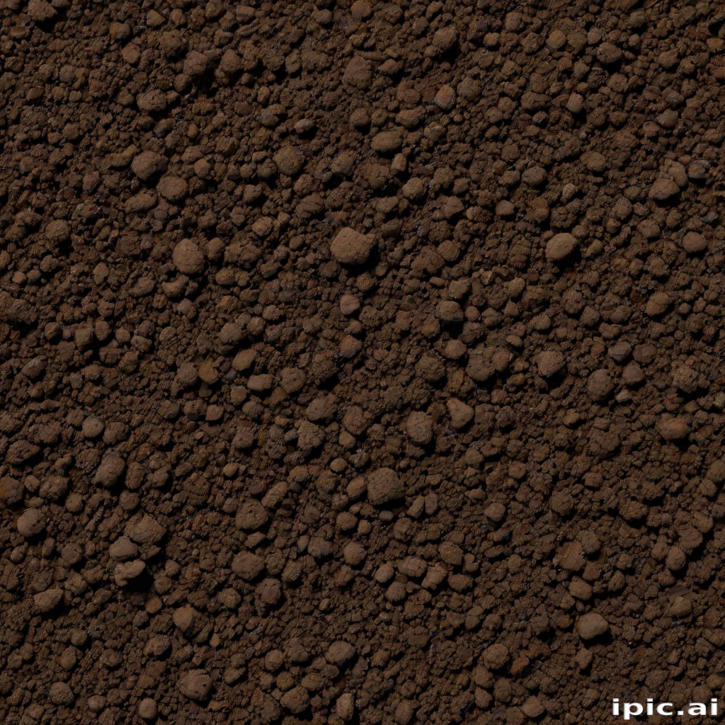 Close-Up View of Rich, Dark Brown Soil with Various Textures and Particles.