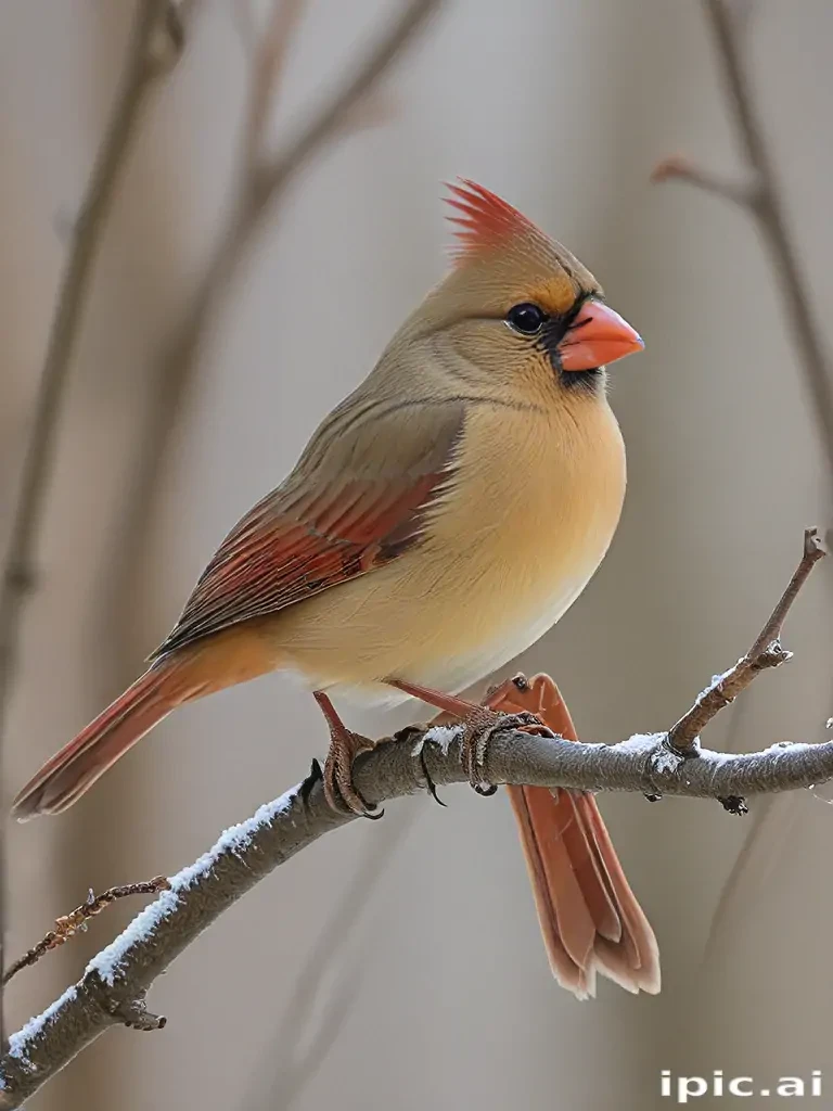 A Beautiful Female Cardinal Perched Gracefully on a Branch in Winter.