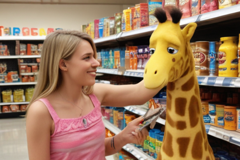 Homer Simpson and Hannah Montana at a Toys R Us with Geoffrey the Giraffe