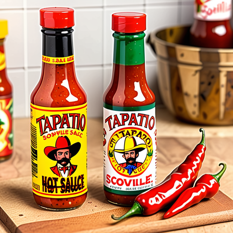Colorful Bottles of Tapatío Hot Sauce with Spicy Red Chilies Nearby