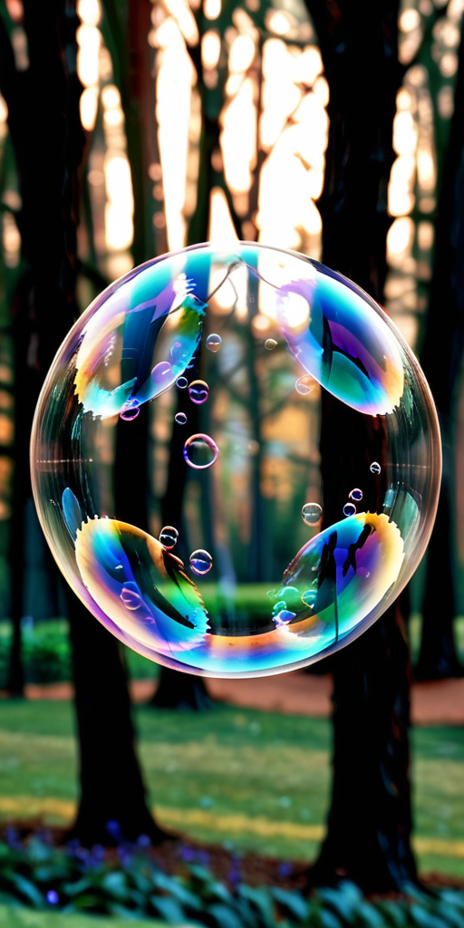 A Colorful Soap Bubble Floating Gracefully Amongst Tall Trees in Nature.