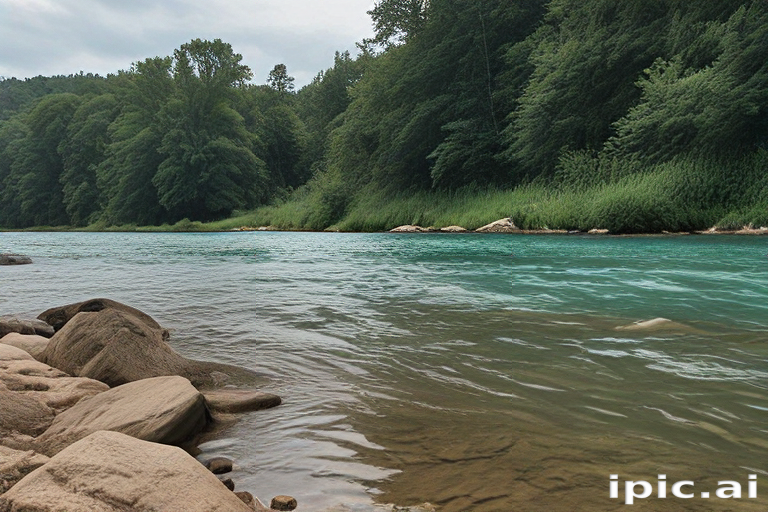 Serene River Scene Surrounded by Lush Greenery and Rocky Shoreline