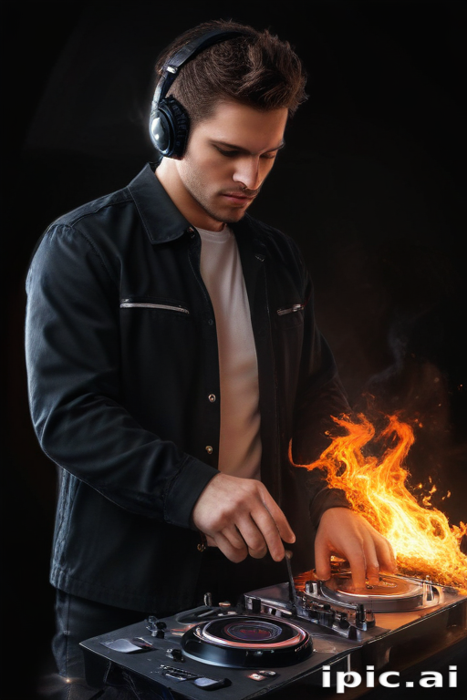 Dynamic DJ Mixing Beats with Fiery Energy and Intense Focus in Studio