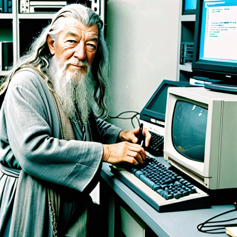 Gandalf without his hat working with Amiga computer. Also include the ...
