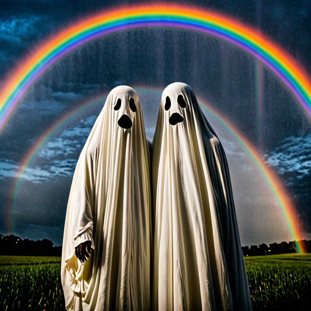 two male ghosts in love at night under a rainbow