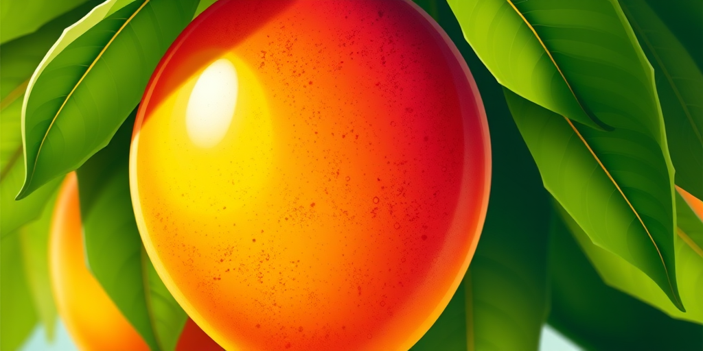 Vibrant Mango Hanging from Lush Green Leaves Under Bright Sunshine.