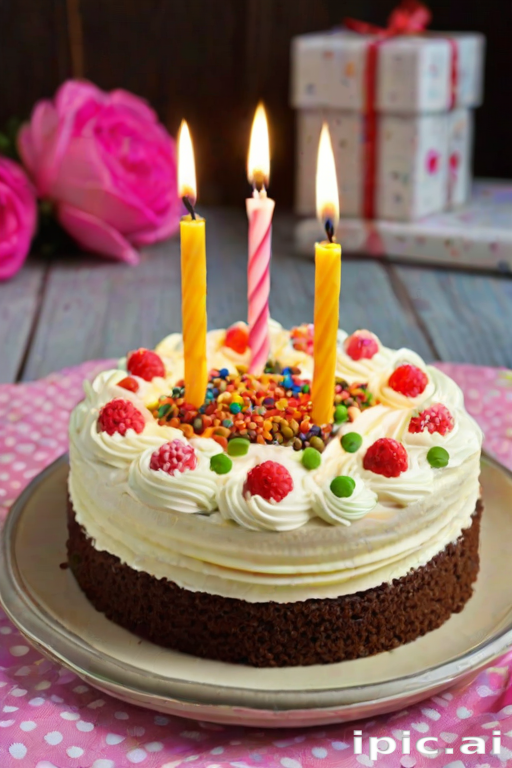 Delicious Celebration Cake with Colorful Candles and Fresh Raspberries ...