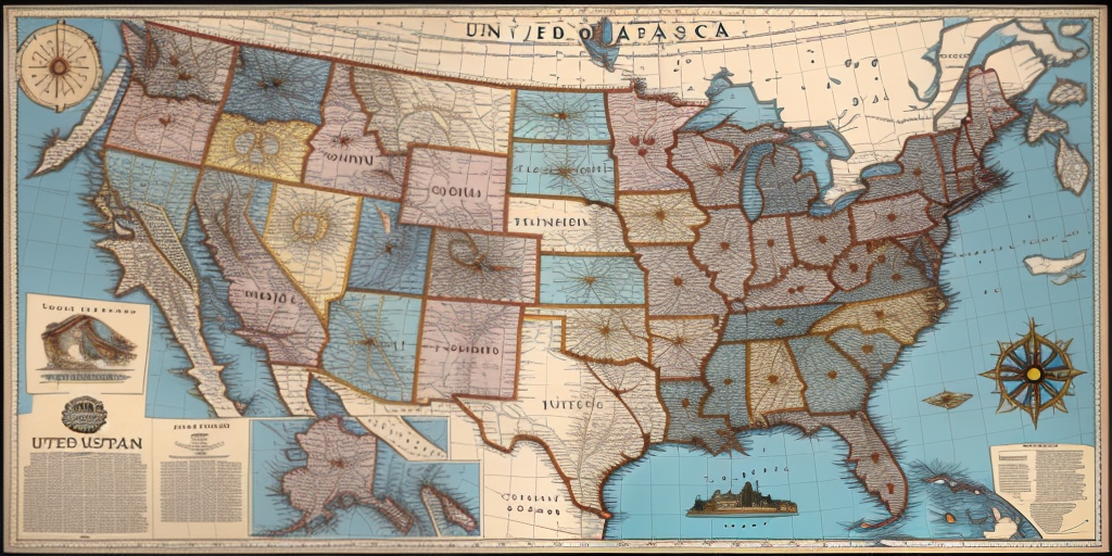 Vintage Map of the United States Highlighting States and Territories in ...