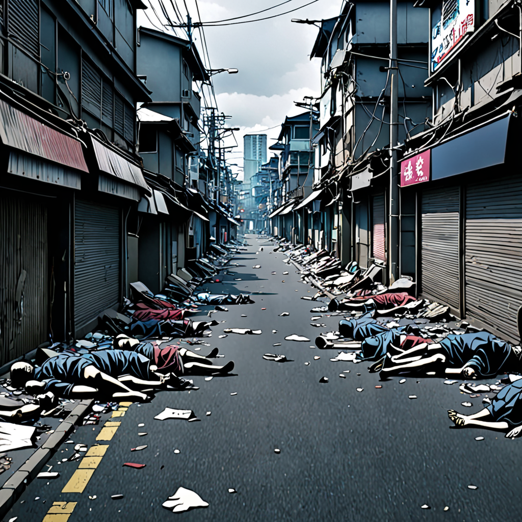 a dark and destroyed street with some bodies of dead people anime style