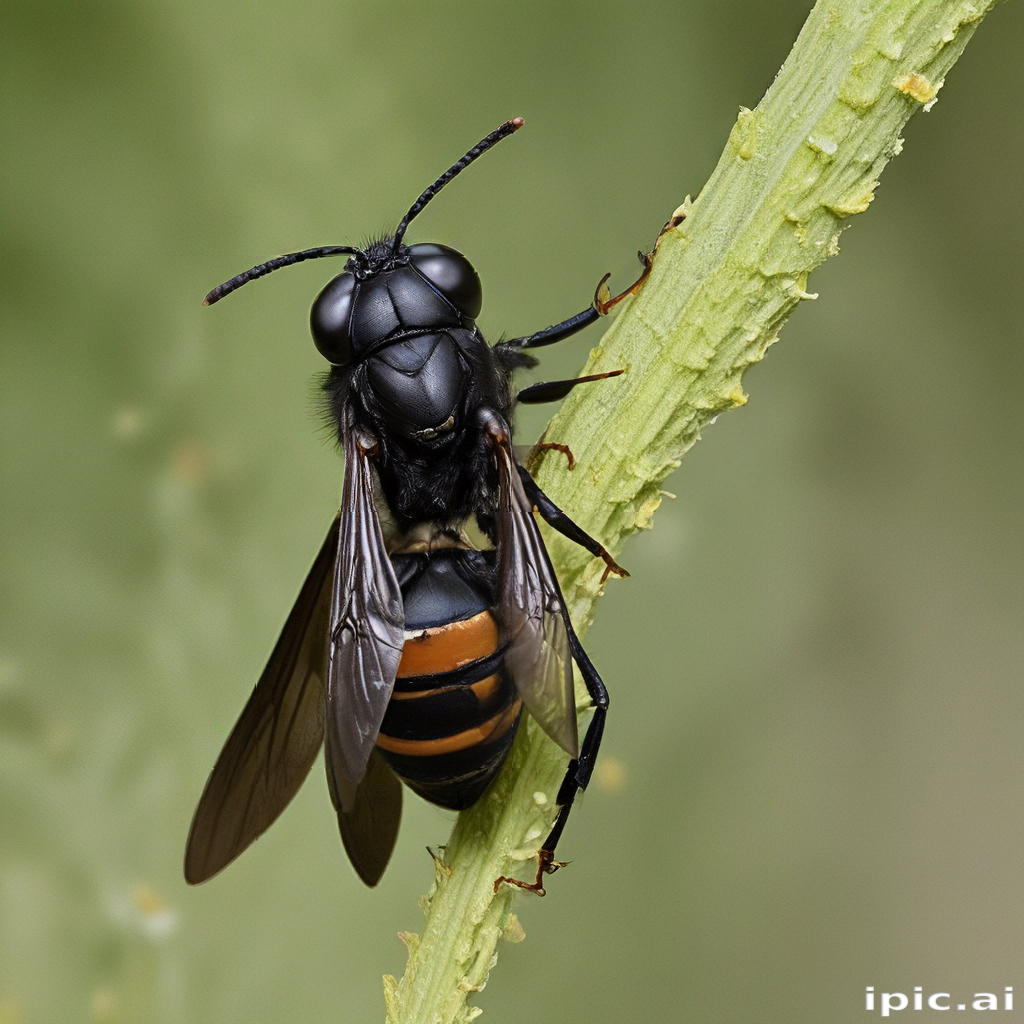 A Close-Up View of a Black and Orange Insect on Green Stem.