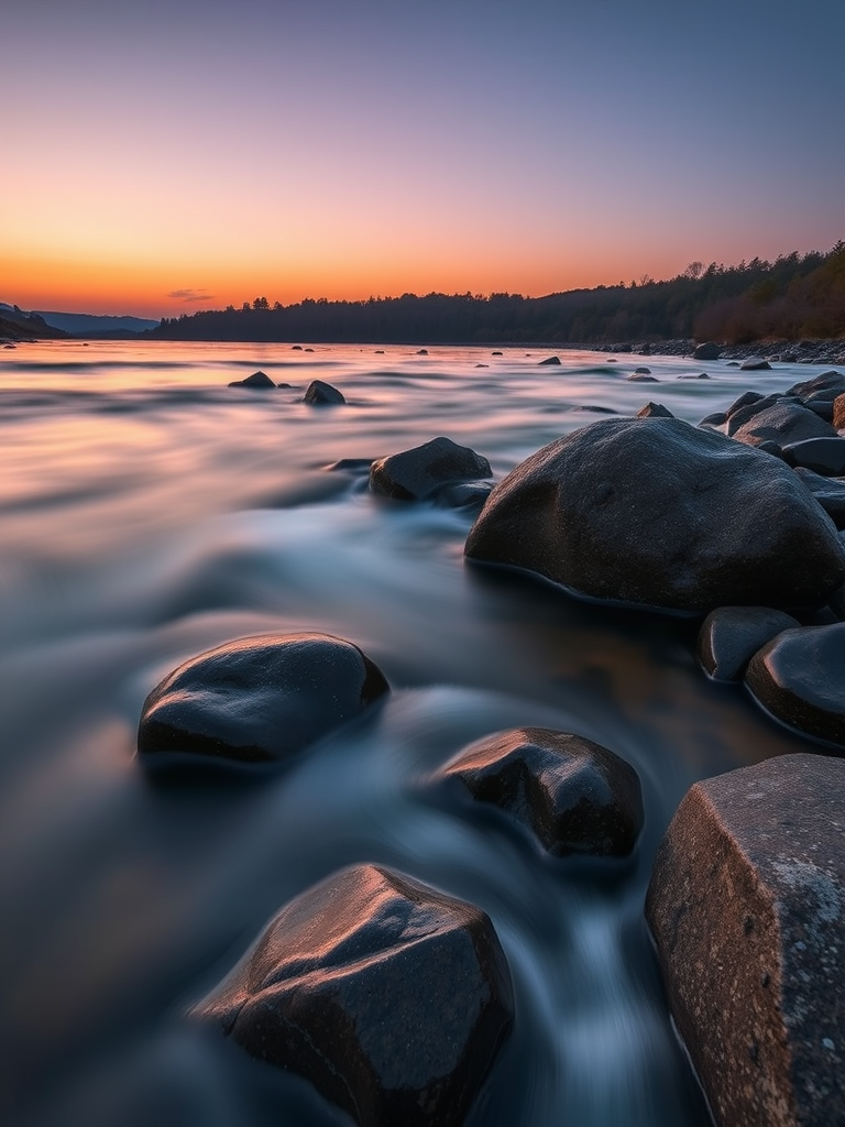 Tranquil River Scene at Dusk with Smooth Flowing Water and Rocks