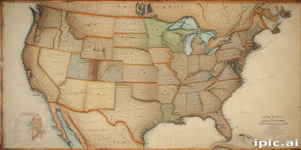Historical Map of the United States Illustrating State Boundaries and ...