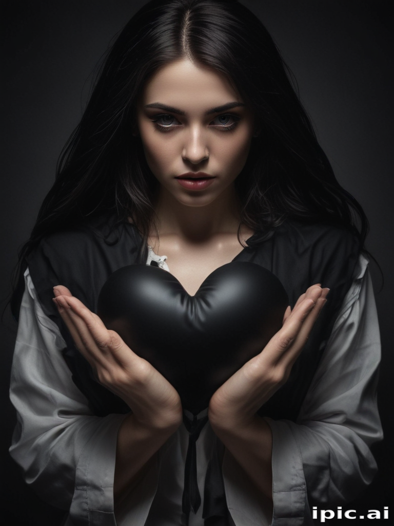 Embracing Darkness: A Woman Holding a Black Heart with Intense Emotion