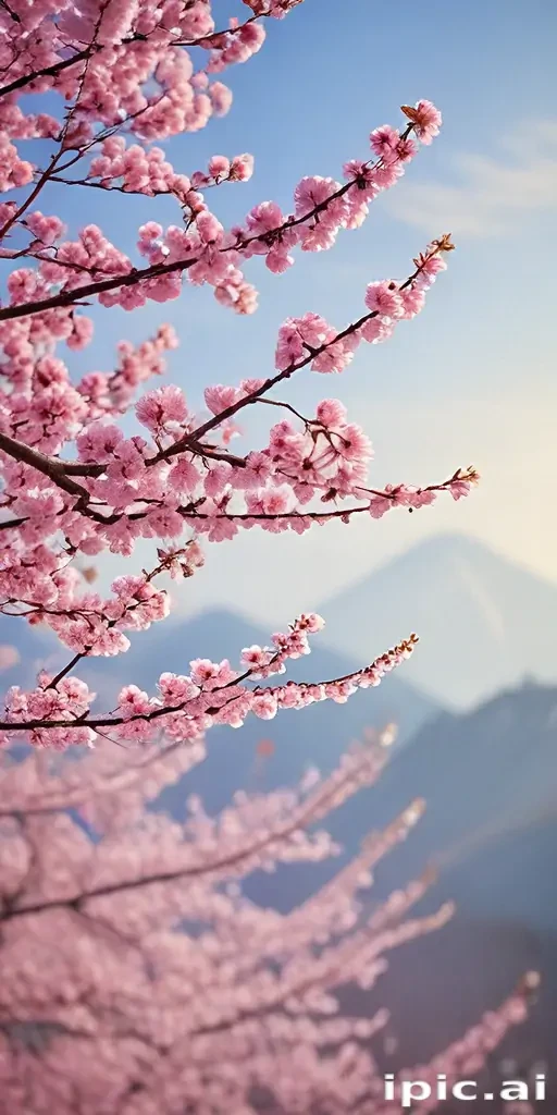 Delicate Cherry Blossom Branches in Bloom Against a Serene Mountain ...