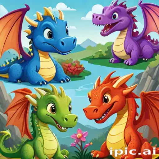 Four Colorful Cartoon Dragons Playing Together in a Beautiful Landscape