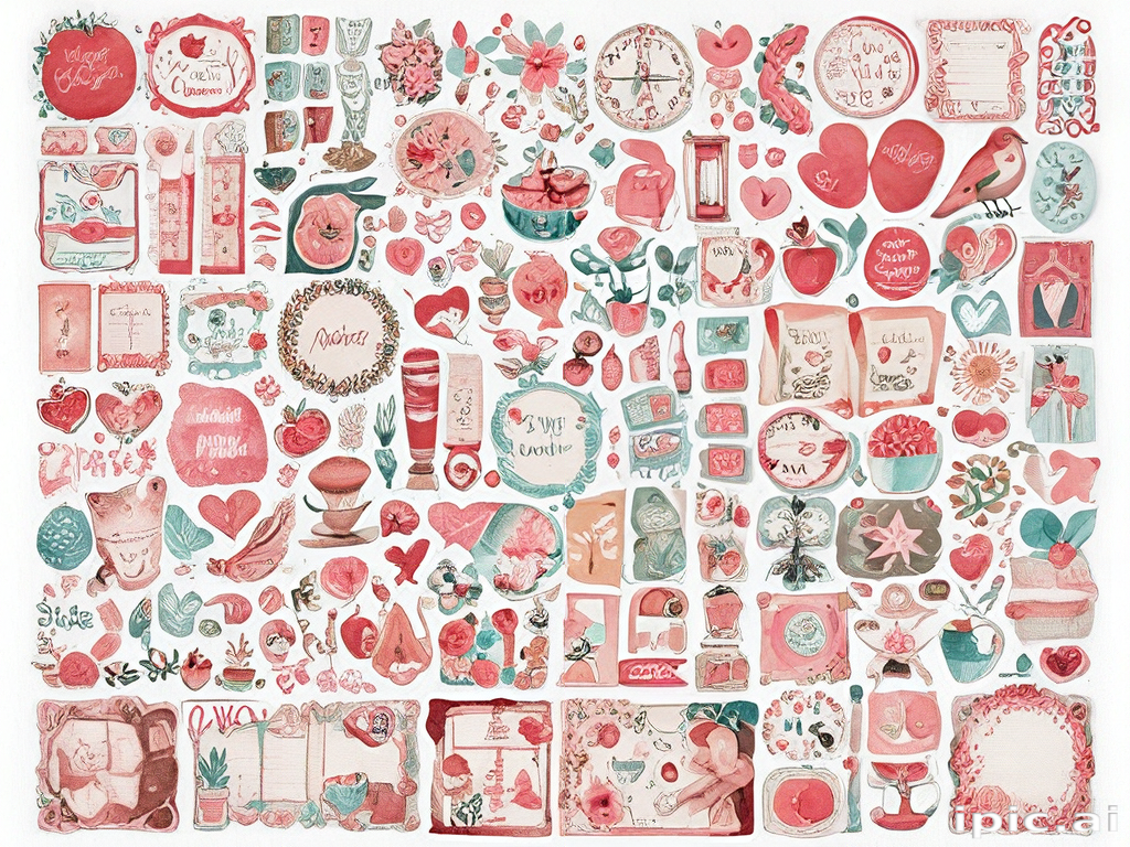 A Colorful Collection of Hand-Drawn Stickers Featuring Hearts and Flowers.