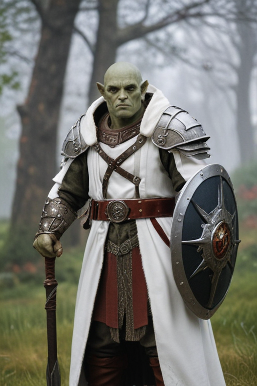 Cleric half-orc, shield, staff, white robes