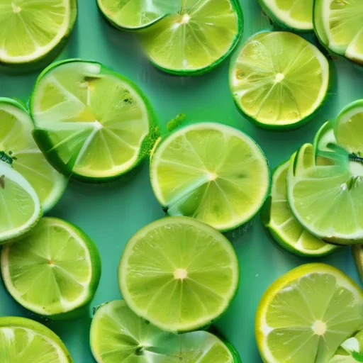 Vibrant Fresh Lime Slices Artfully Arranged on a Bright Green Background