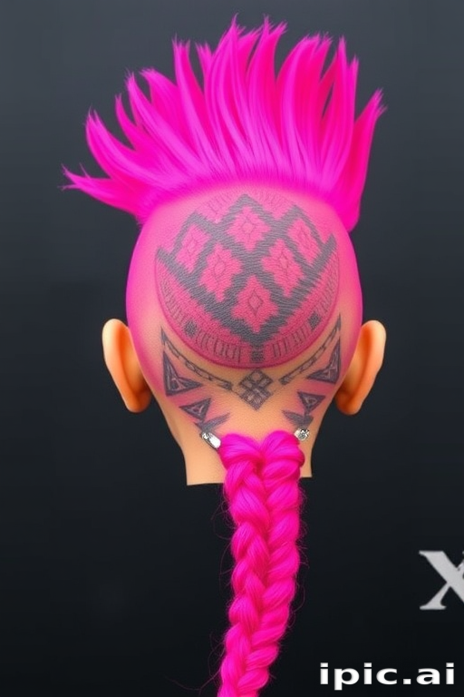Vibrant Pink Mohawk with Intricate Tattoo Design and Stylish Braid