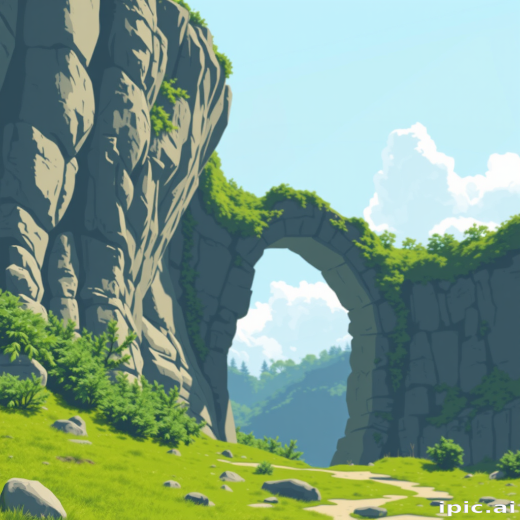 A Serene Landscape Featuring a Majestic Rock Arch Surrounded by Lush ...