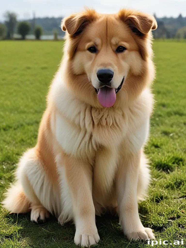 A Fluffy Golden Dog Sitting Happily in a Green Meadow.