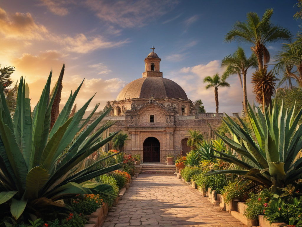 Sunset Illuminates a Historic Church Surrounded by Lush Tropical Gardens