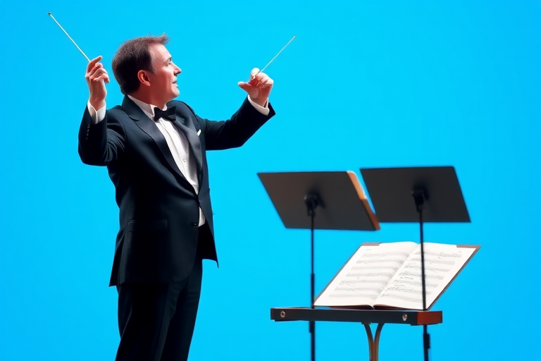 Conductor Leading an Orchestra with Enthusiasm and Musical Notes ...