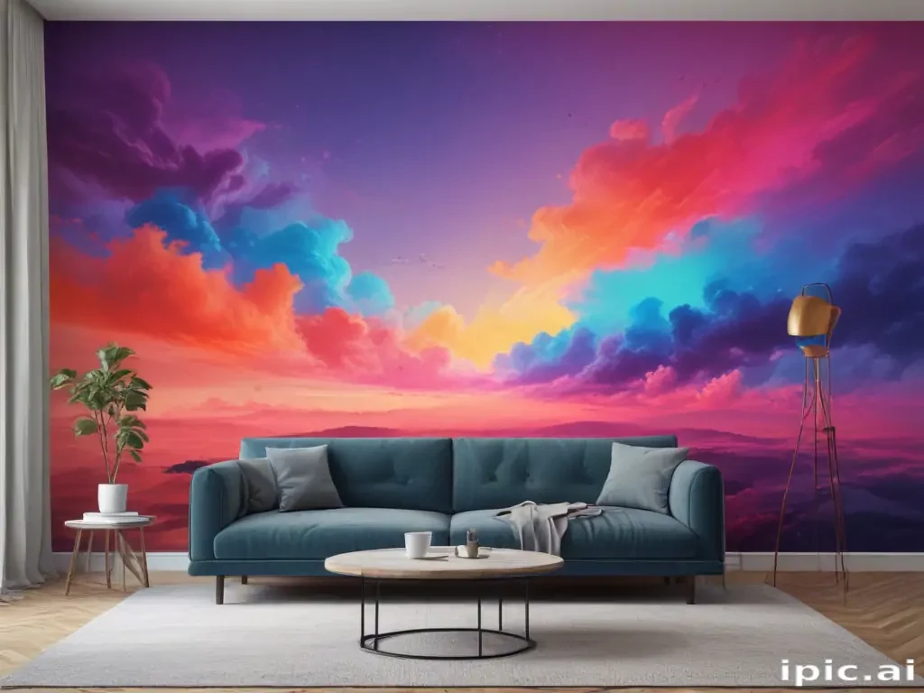 Vibrant Sunset Clouds Over a Cozy Living Room with Modern Decor