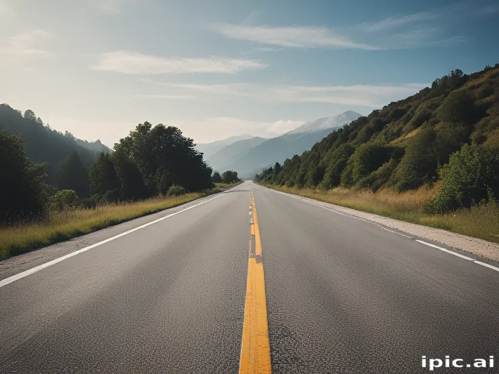 Endless Stretch of Road Through Lush Green Mountains and Blue Skies