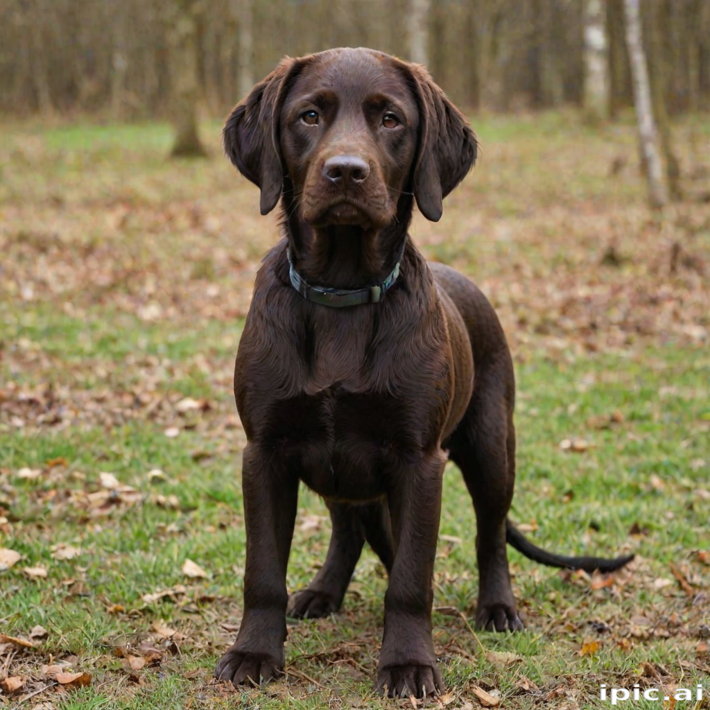 A Playful Brown Labrador Retriever Standing Proudly in a Forest Clearing.