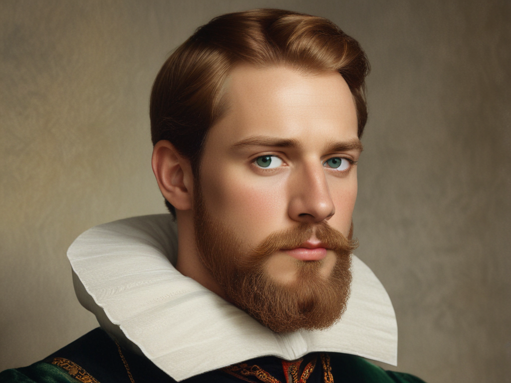 portrait of tudor era duke, blonde hair, green eyes, strong jawline, beard
