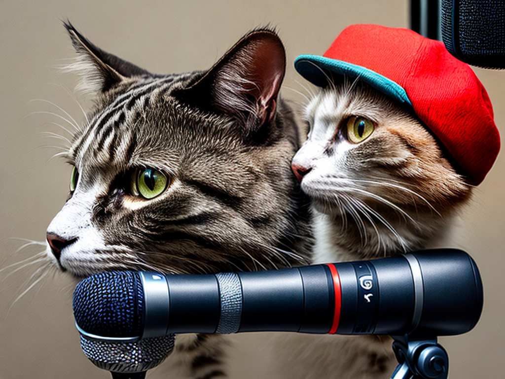 cat with a red hat singing into a microphone in a recording studio