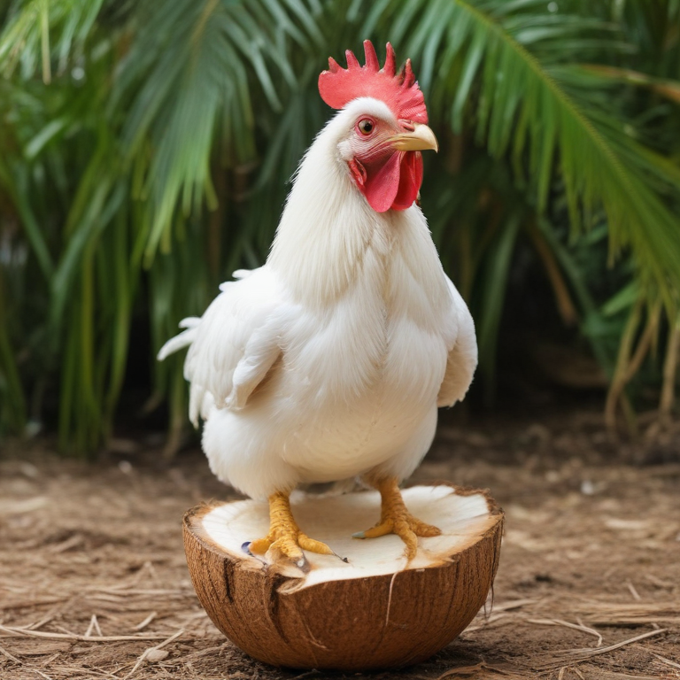 cartoon chicken on a coconut