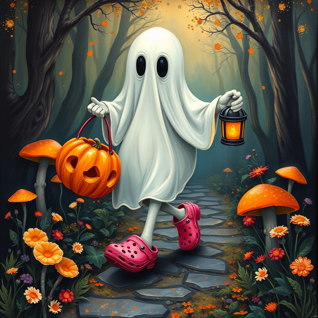 A Friendly Ghost in Crocs Collecting Candy on a Spooky Halloween Night.