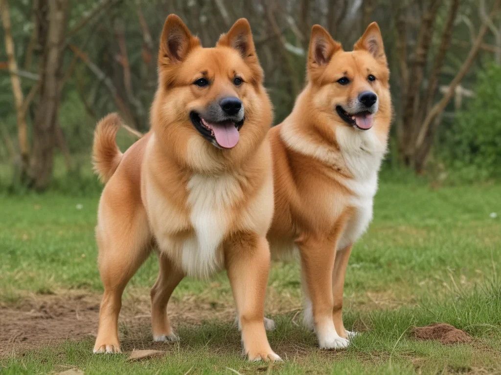 Two Playful Dogs Standing Together in a Lush Green Park Setting.