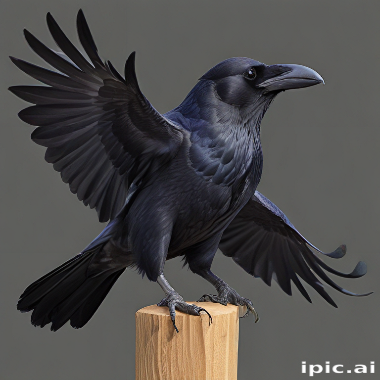 A Majestic Raven Spreading Its Wings on a Wooden Perch in Flight.
