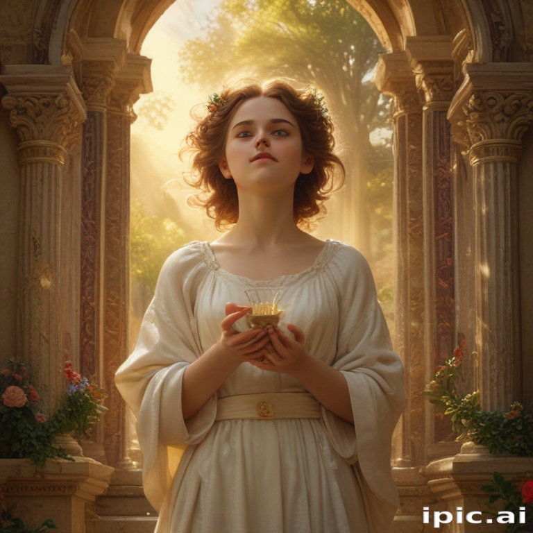 Enchanted Maiden Holding a Golden Offering in a Mystical Garden