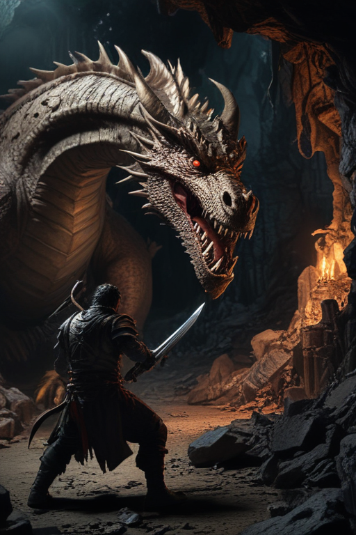 one man with a sword fighting a dragon in a dark cave