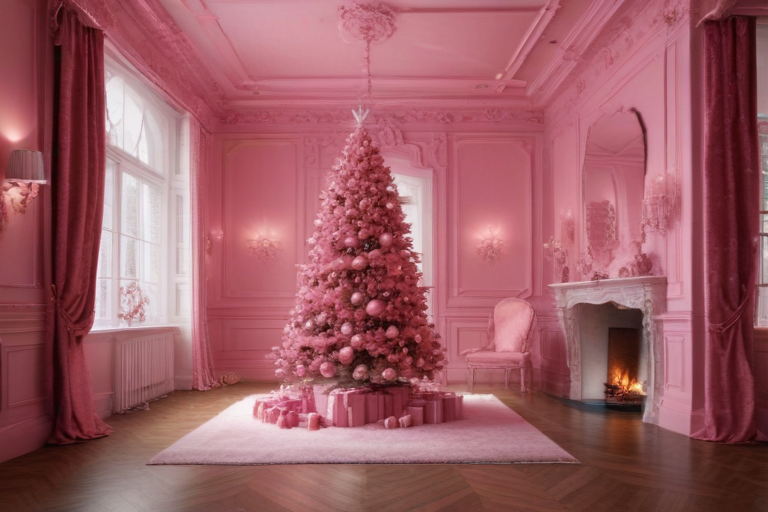 Enchanting Pink Christmas Scene with a Beautifully Decorated Tree and Gifts