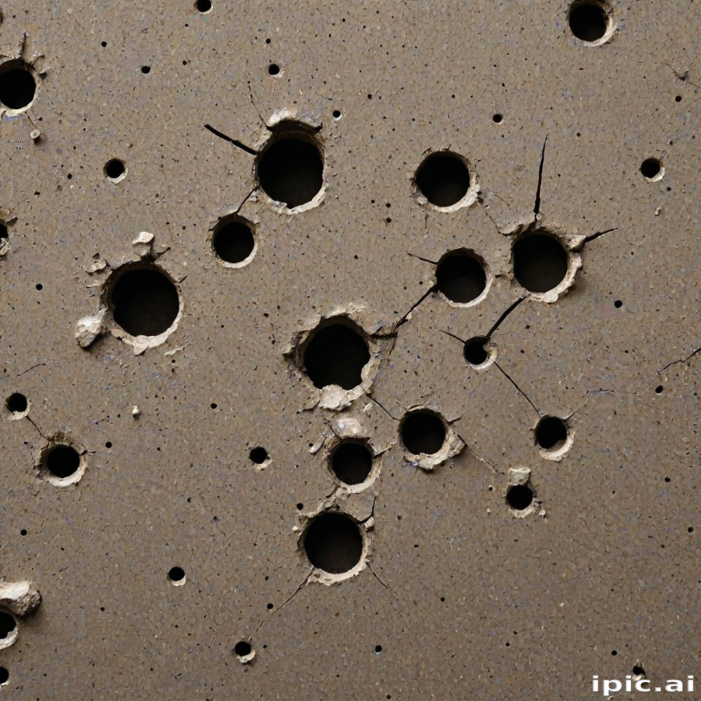 Close-Up View of Various Holes and Cracks in a Wall Surface