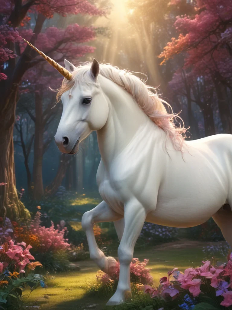 A Majestic Unicorn Stands Gracefully in a Enchanted Floral Forest