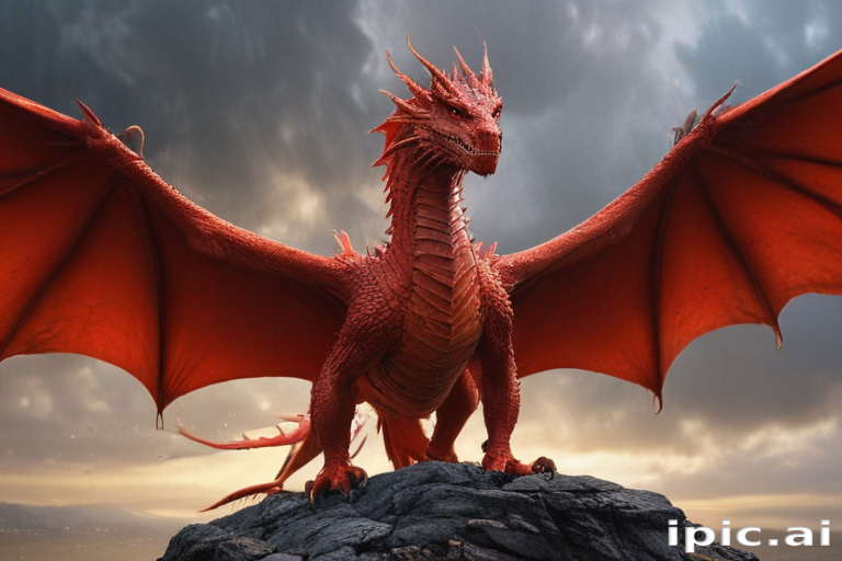 Majestic Red Dragon Spreading Its Wings Against a Dramatic Sky Background