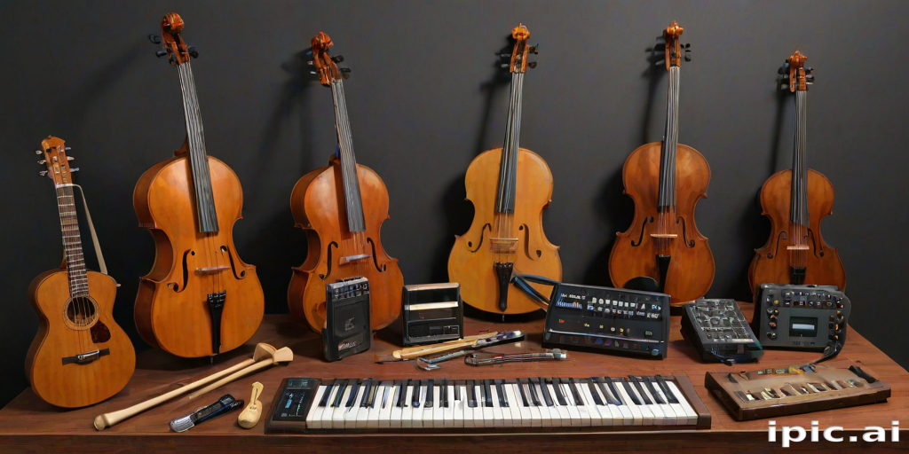 A Diverse Collection of Musical Instruments Arranged on a Wooden Table.