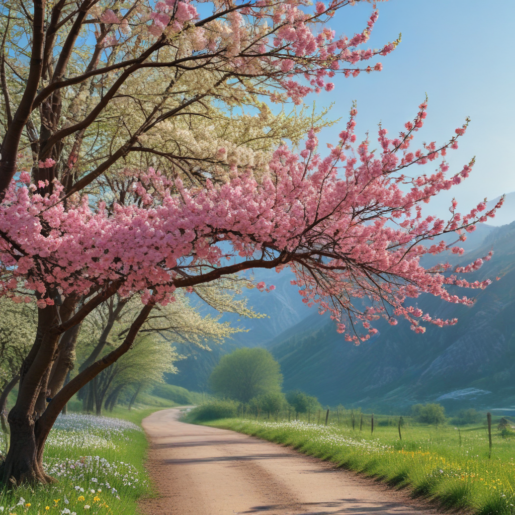 A Serene Spring Pathway Lined with Blossoming Cherry Trees and Lush ...