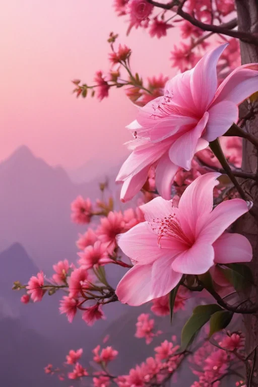 Delicate Pink Blossoms Against a Serene Mountainous Sunset Background
